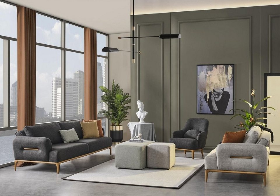 Jvmoebel Sofa Sofagarnitur Sofa Sessel 431 Sitzer Stoff Luxus Grau