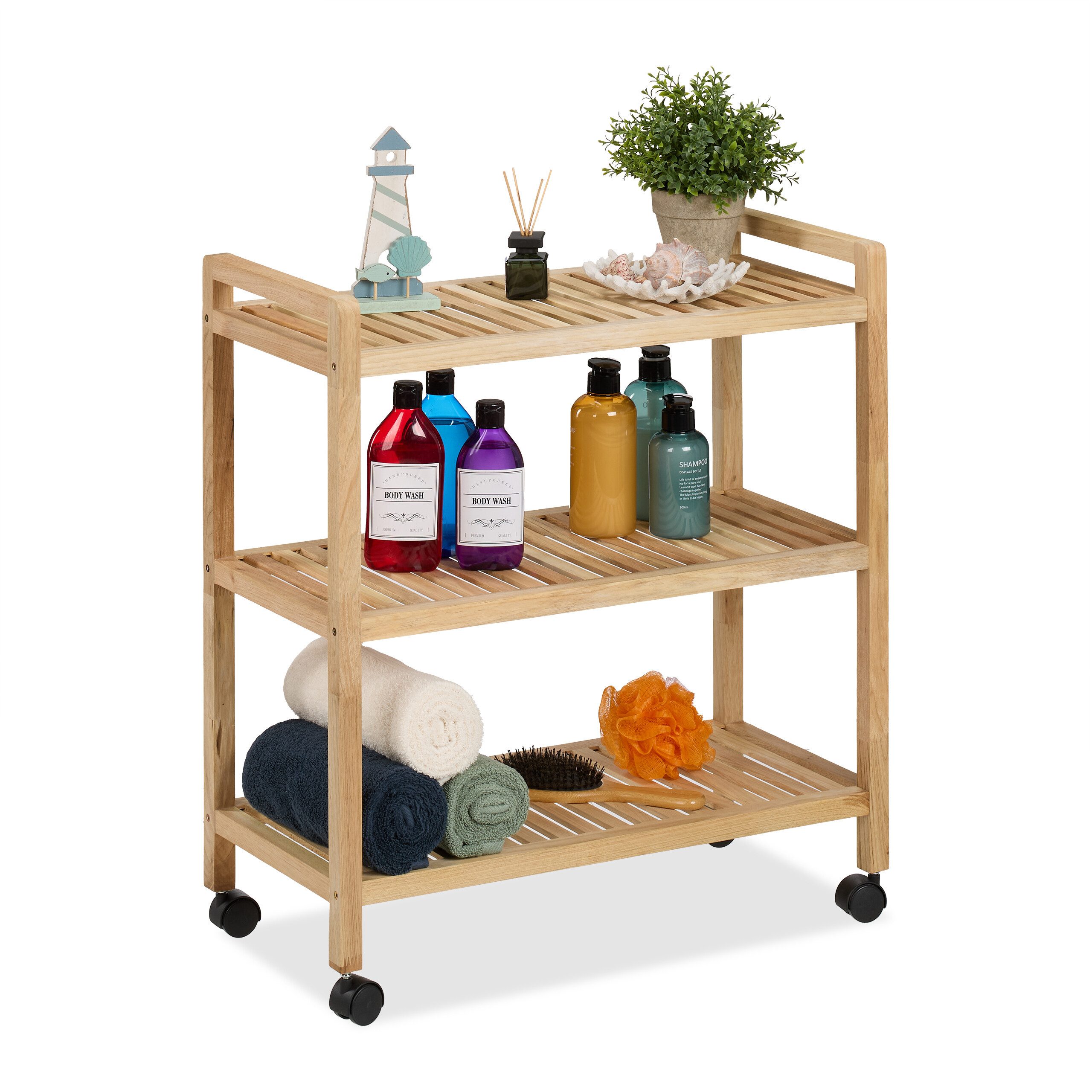 relaxdays Badregal Holz mit Rolle