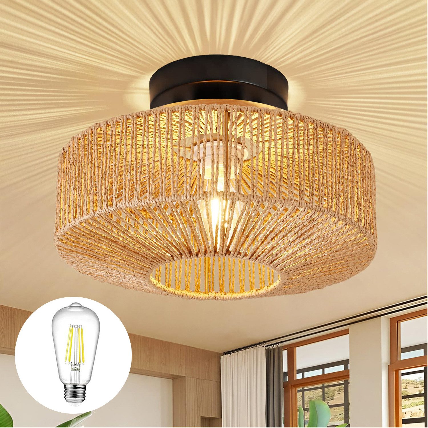 Laybasic Pendelleuchte Boho Rattan Lampe Deckenleuchte Hängelampe E27