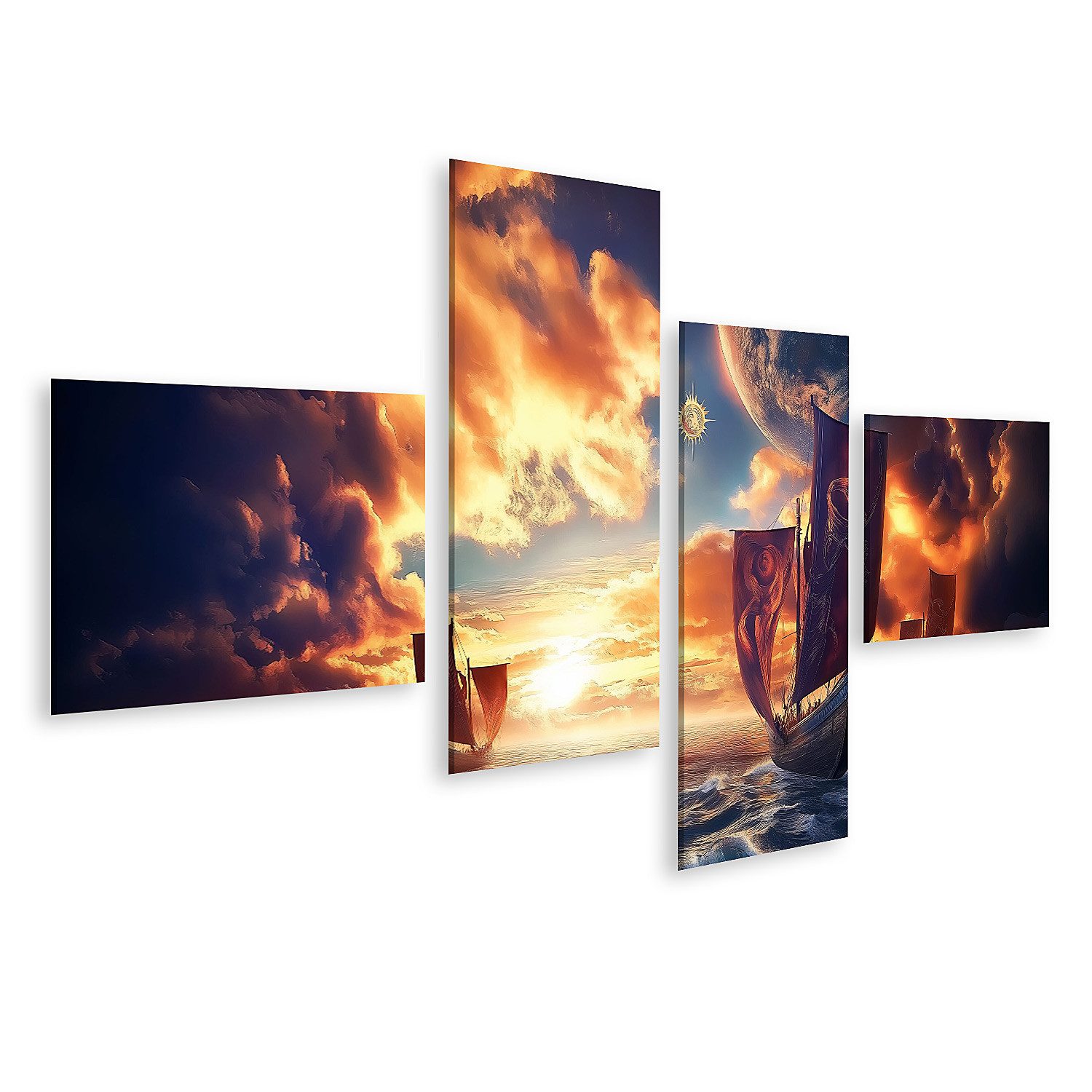 islandburner Leinwandbild Wikinger-Schiffe vor exotischem Planeten unter rotgoldenem Himmel - E