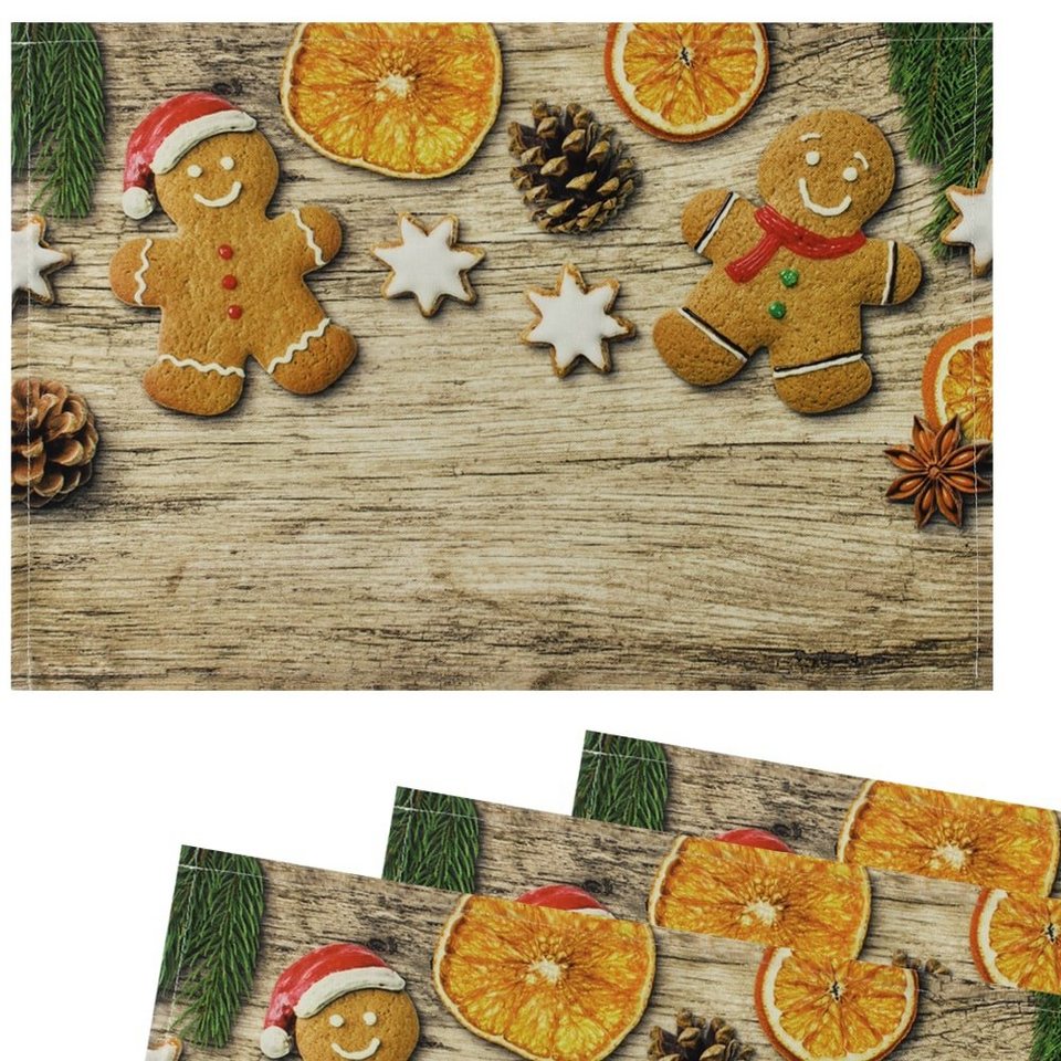 Platzset Tischsets Textil Cloth Lebkuchenmänner Holz 4er Set 45x30 Cm