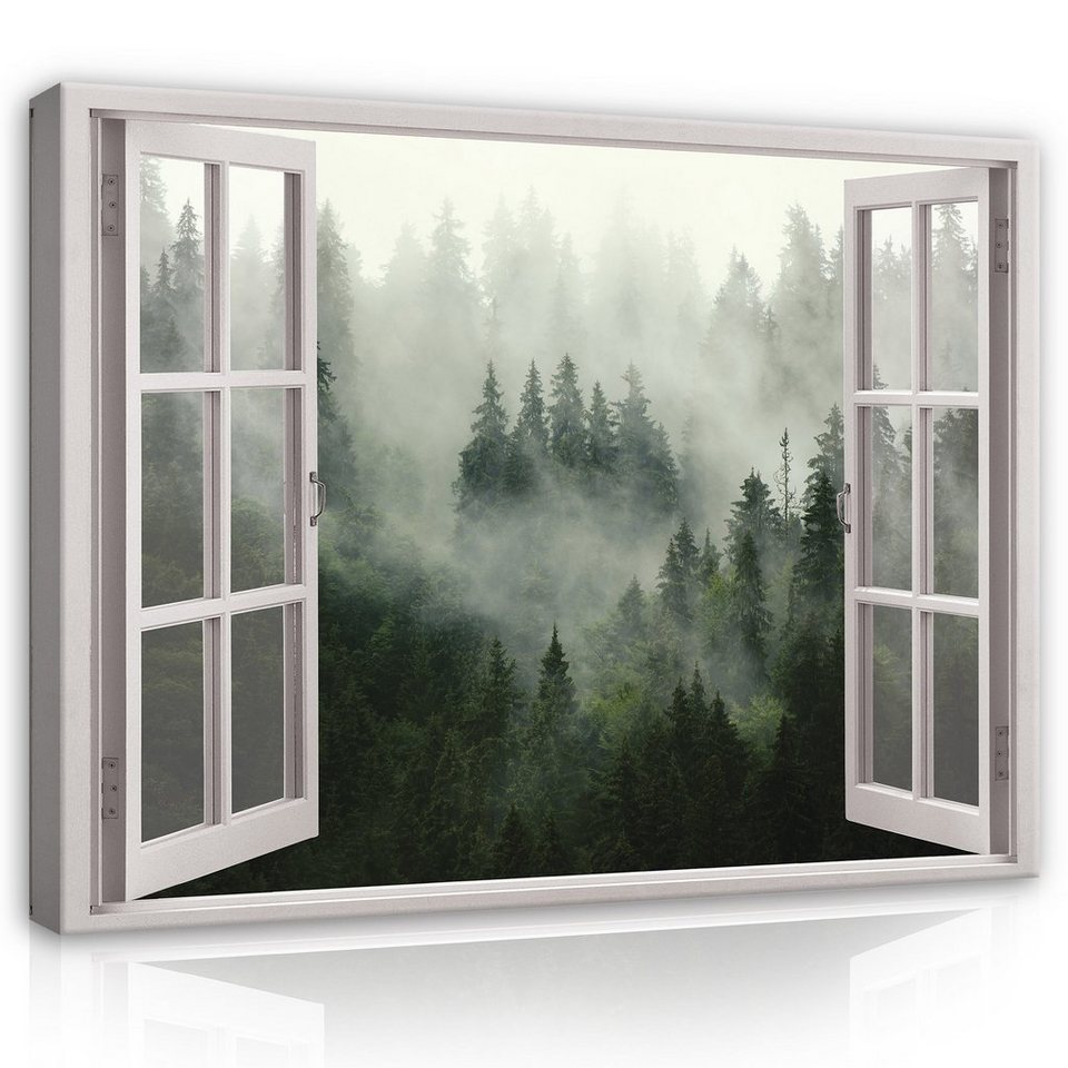 Wallarena Leinwandbild Fensterblick Natur Wald Im Nebel Fenster