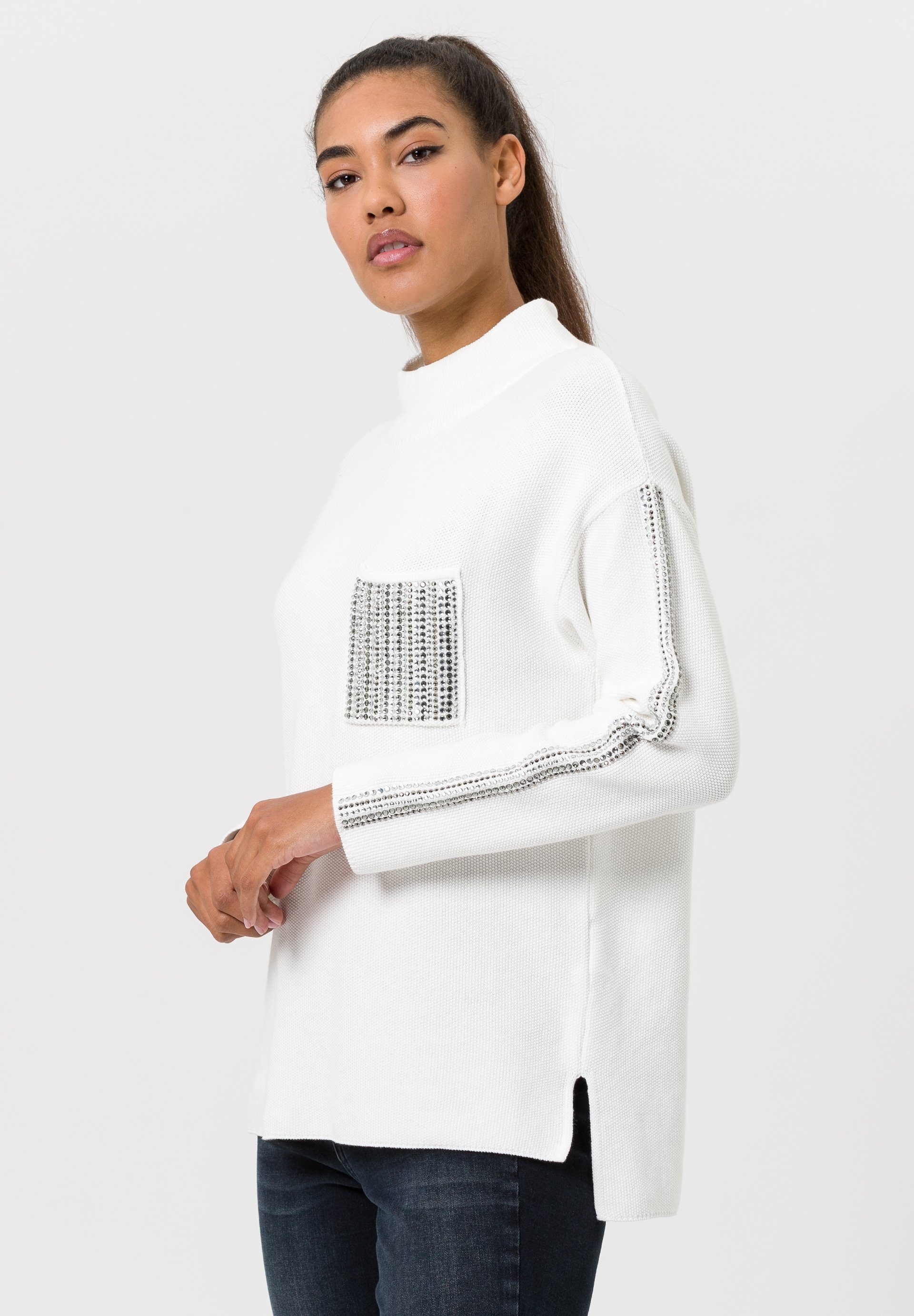 TUZZI Rundhalspullover Strickpullover ESSENTIALS, Geschlitzter Saum