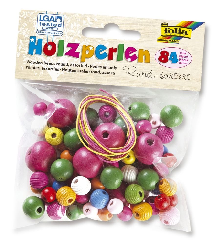 Folia Bastelnaturmaterial Bastelset Holzperlen 84 Stück Rund Sortiert