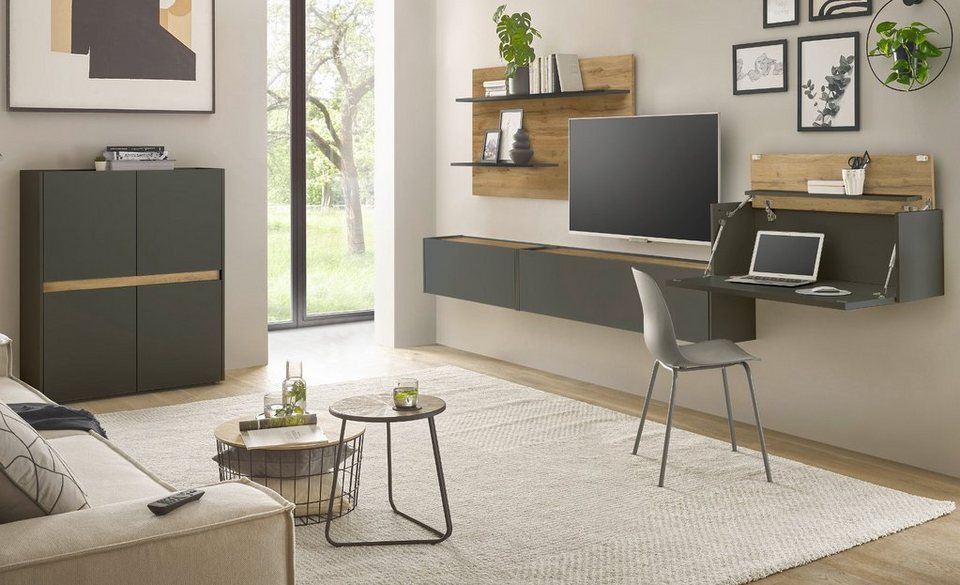 Furndesign Wohnwand Center In Grau Mit Wotan Eiche Set 5 Teilig