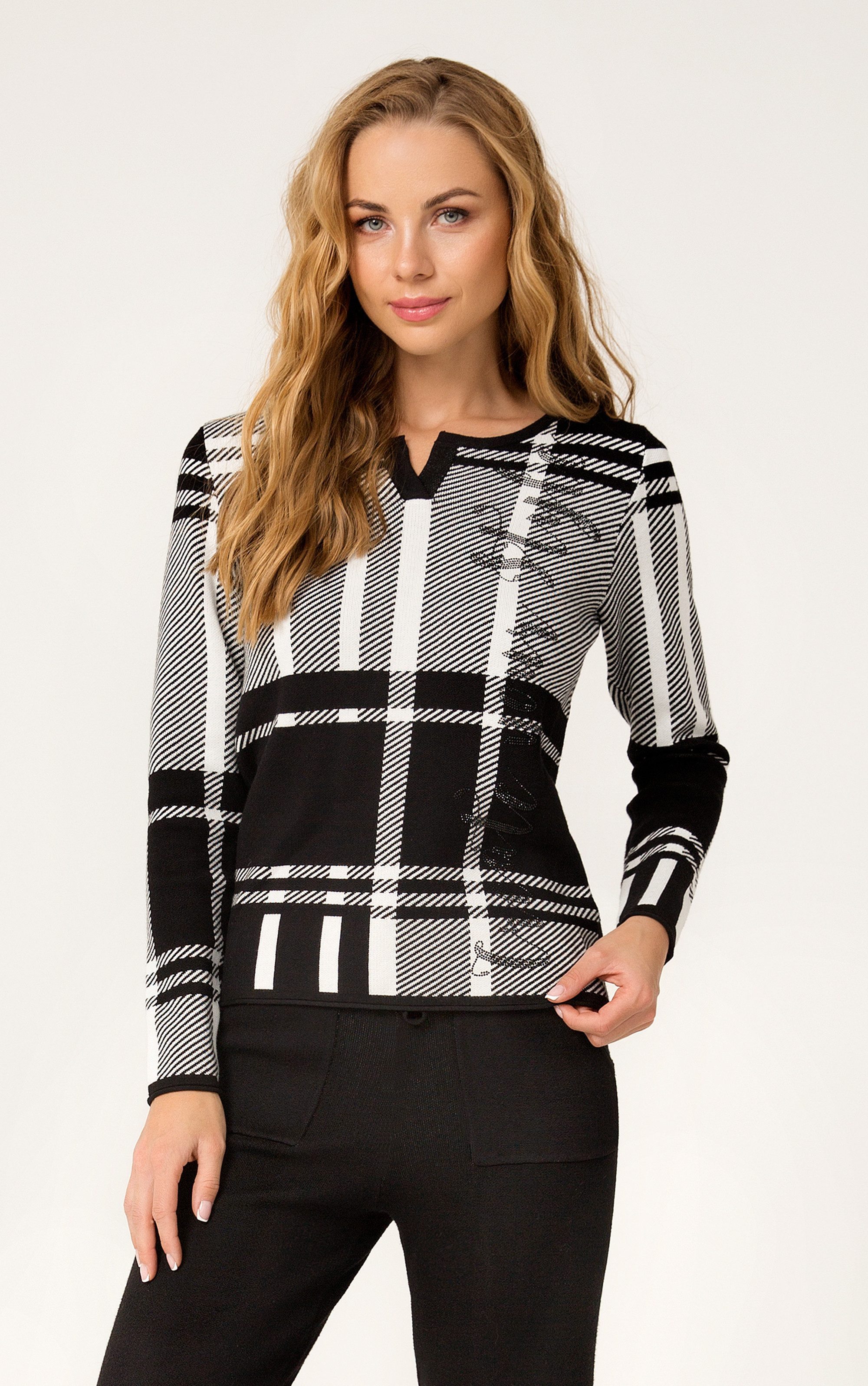 Passioni Strickpullover kariert mit Strass-Schriftzug