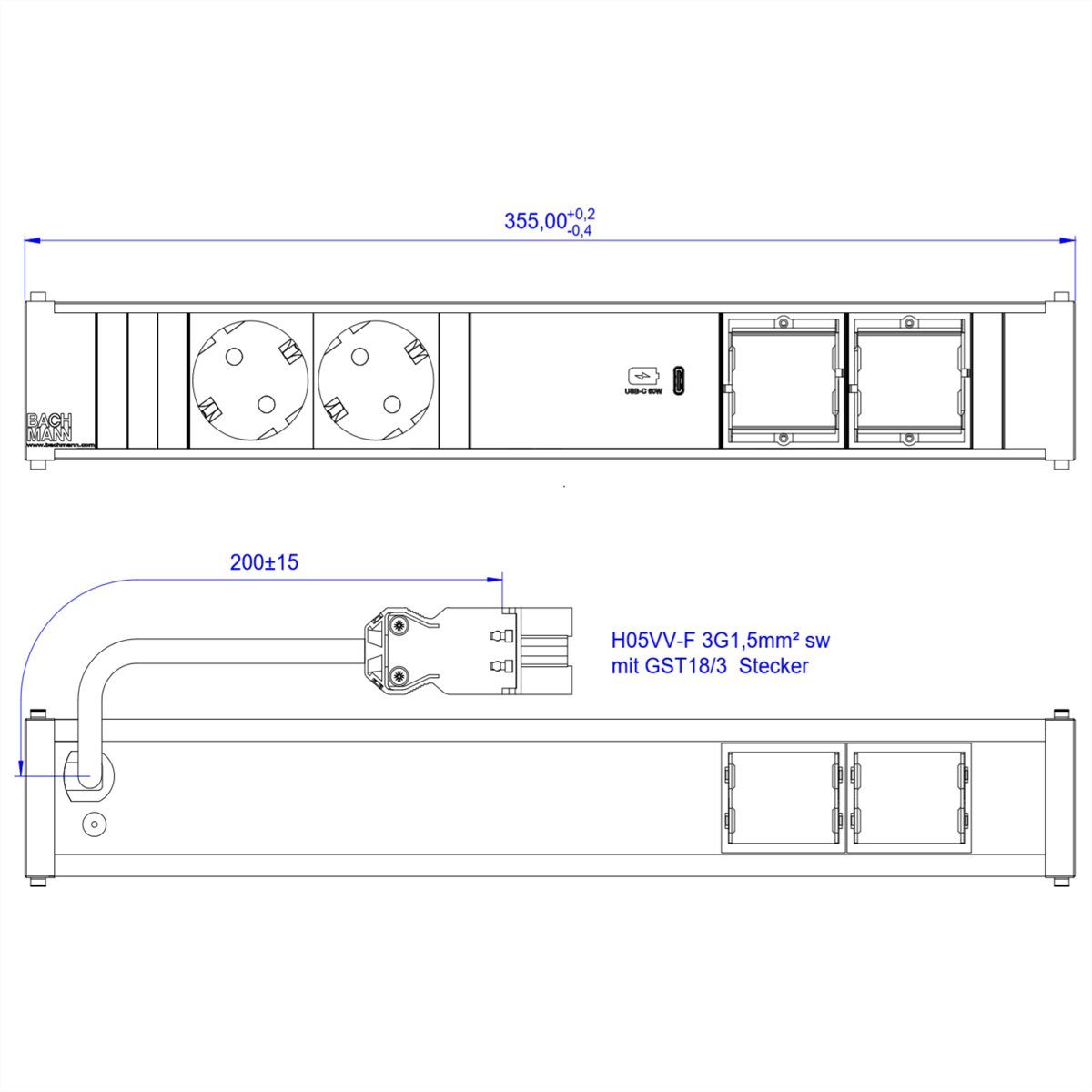 Bachmann CONI 2xCEE7/3 1xUSB C 60W Steckdosenleiste (Kabellänge 20.0 m ...