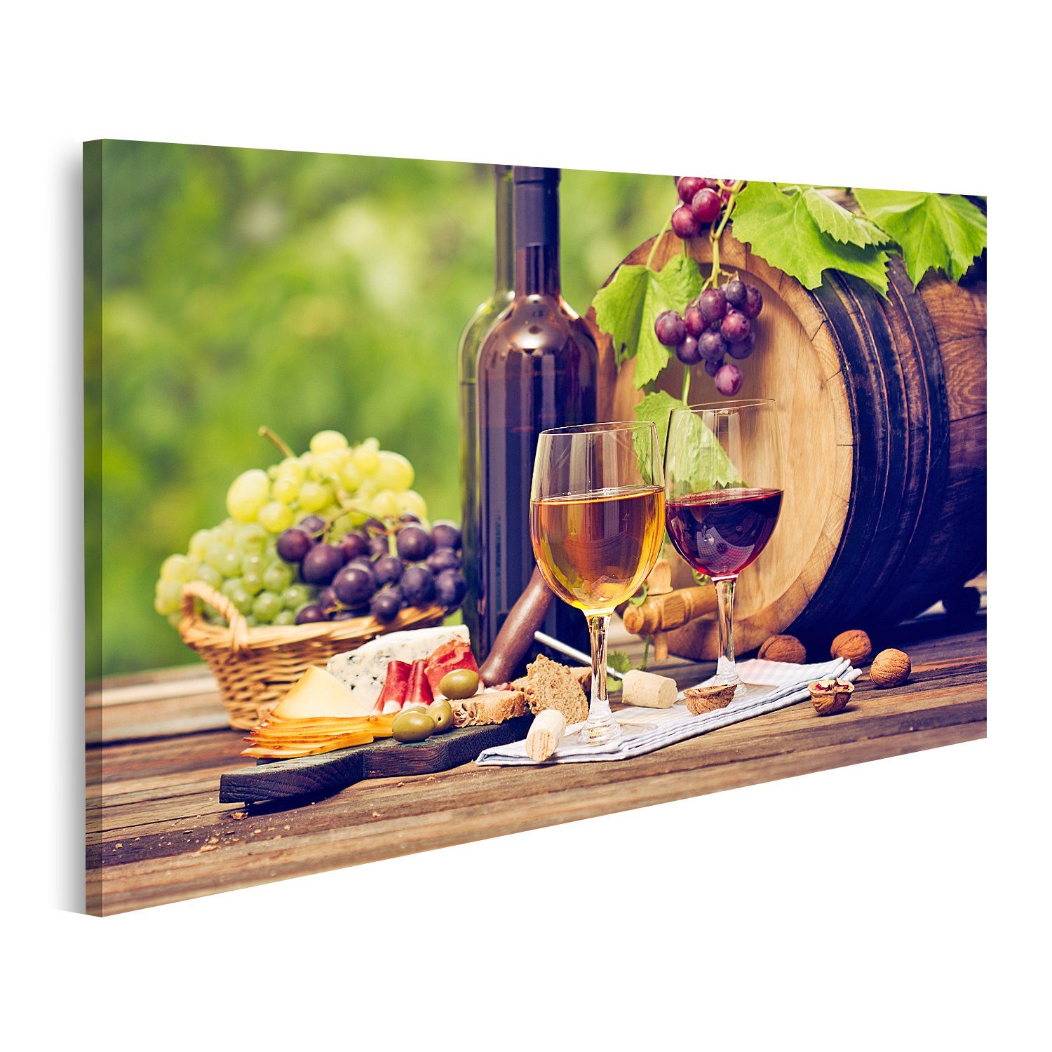 islandburner Leinwandbild Bild auf Leinwand Wein Käse Tisch Close Up Wandbild Poster Kunstdruck