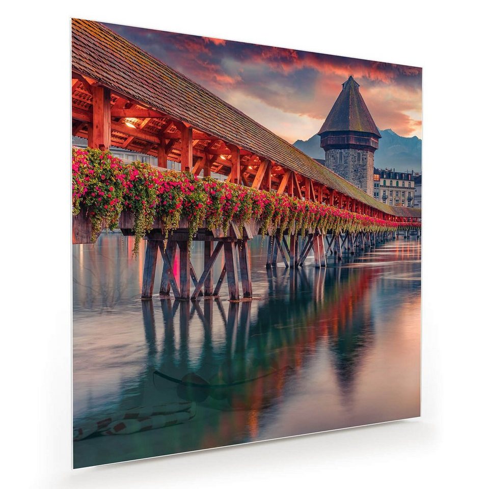 Primedeco Glasbild Wandbild Quadratisch Luzern Kapellbrücke Sunset Mit
