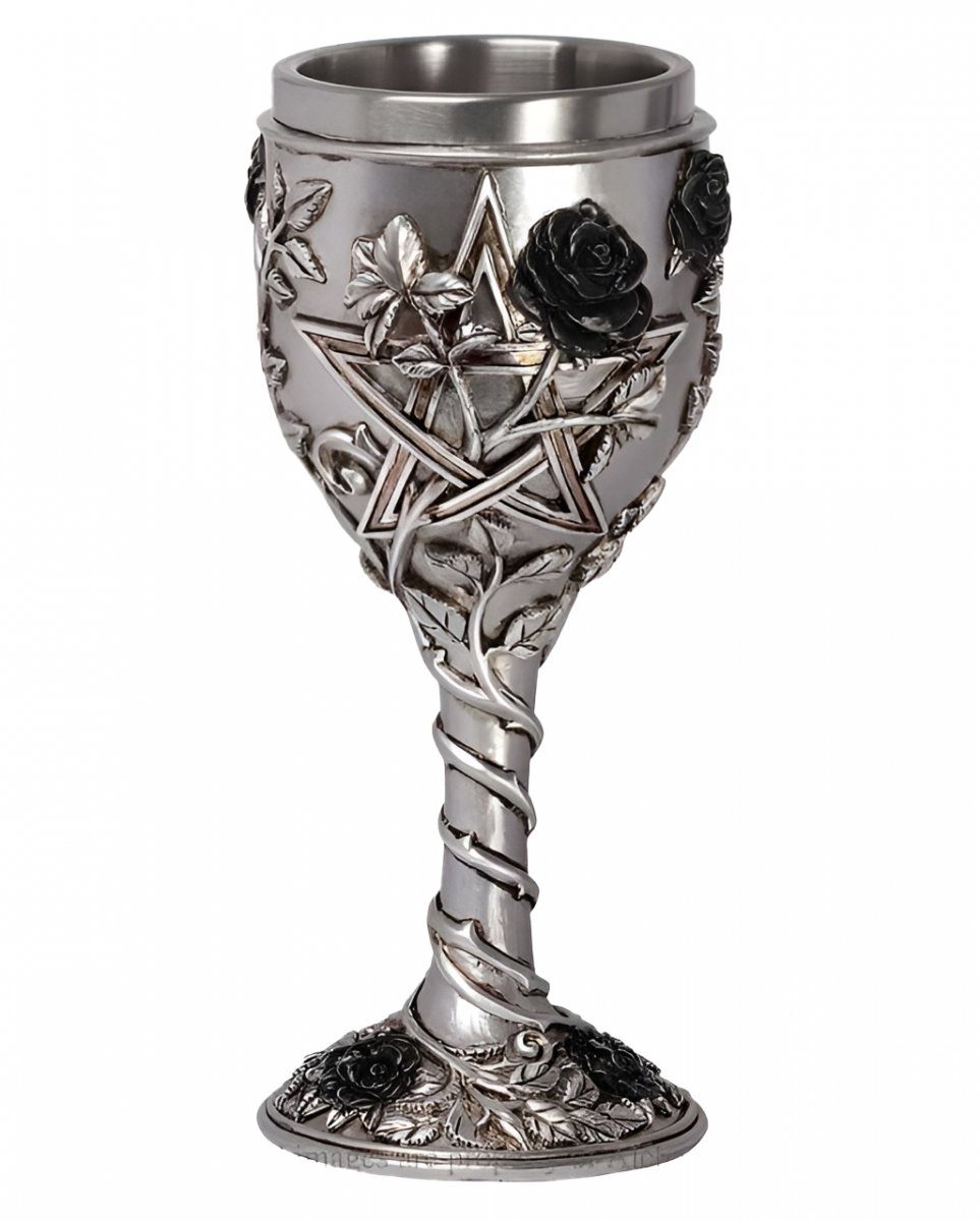 Horror-Shop Dekofigur Gothic Kelch mit Pentagramm und schwarzer Rose als