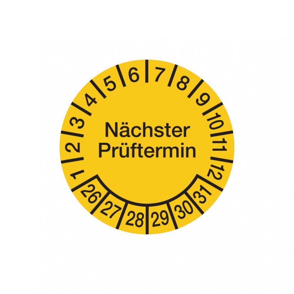 König Werbeanlagen Hinweisschild Prüfplak., nächster Prüft., Folie, Ø30mm, gelb/schwarz, Rol. à ...