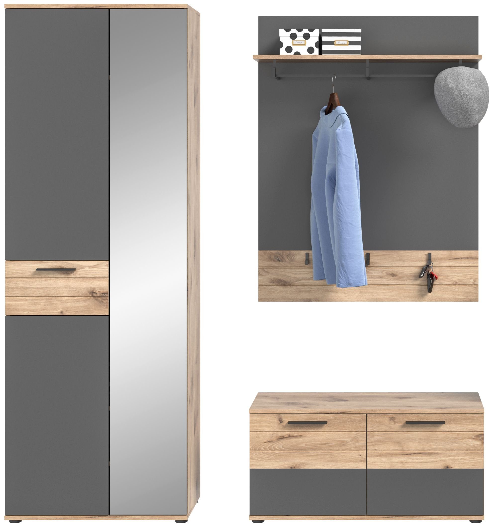 xonox.home Garderoben-Set Garderobenmöbel-Set Mason G02 3-teilig - Nox Eiche und Basalt grau ...