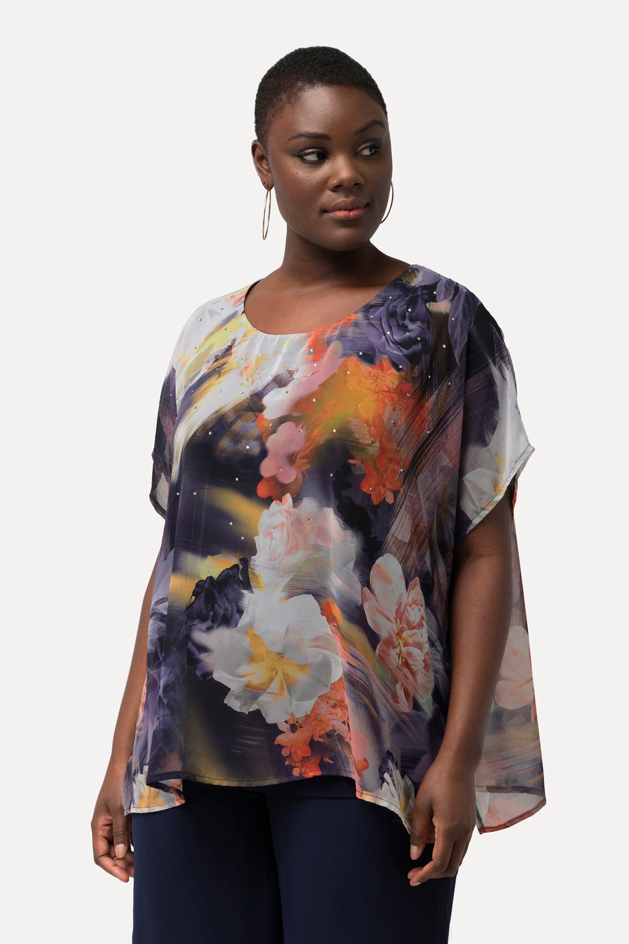 Ulla Popken Druckbluse Blusenshirt Doppellagig Ziersteine Rundhals