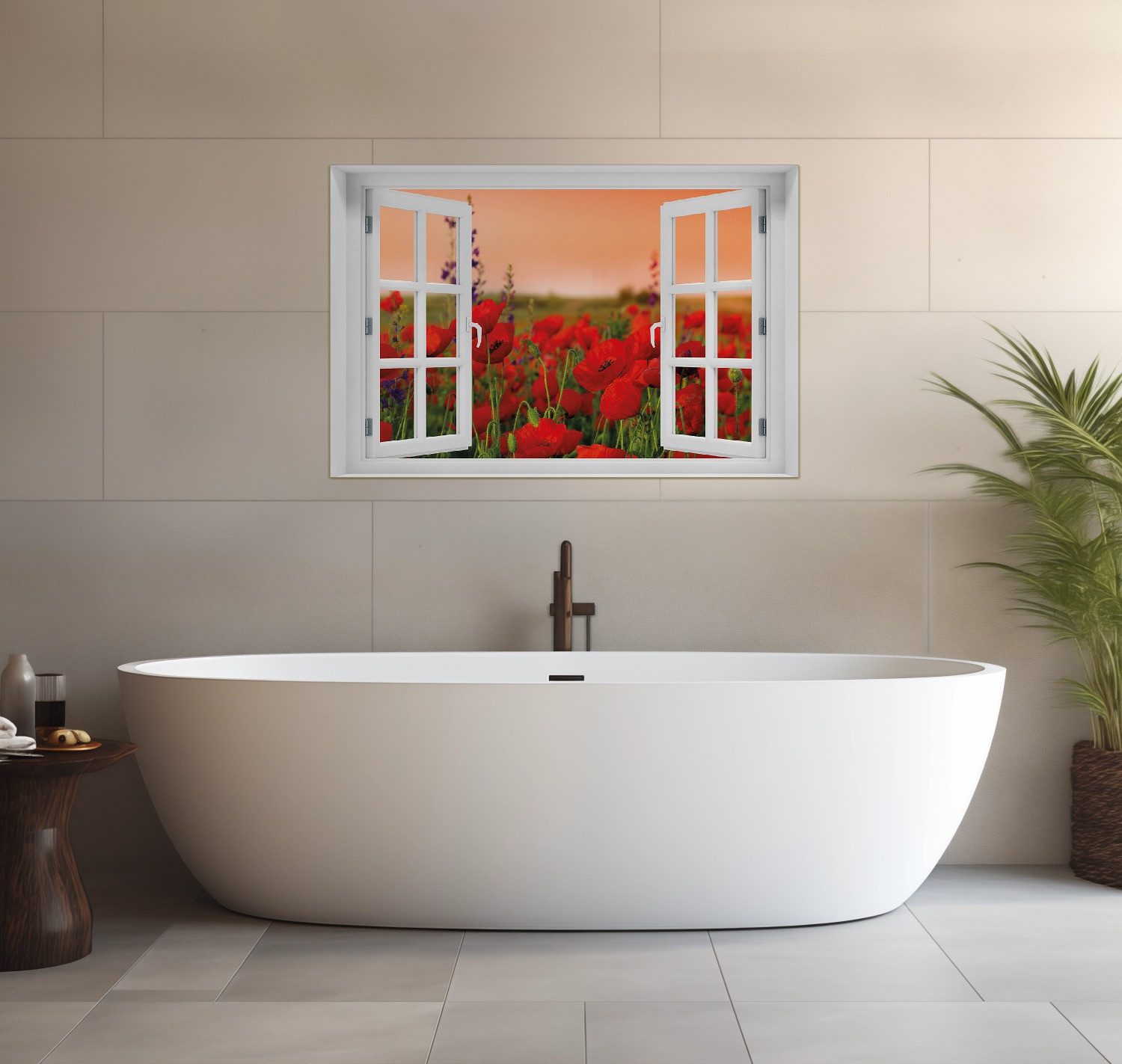 Wallario Wandfolie Mohnblumen Auf Dem Feld Mit Fenster Illusion