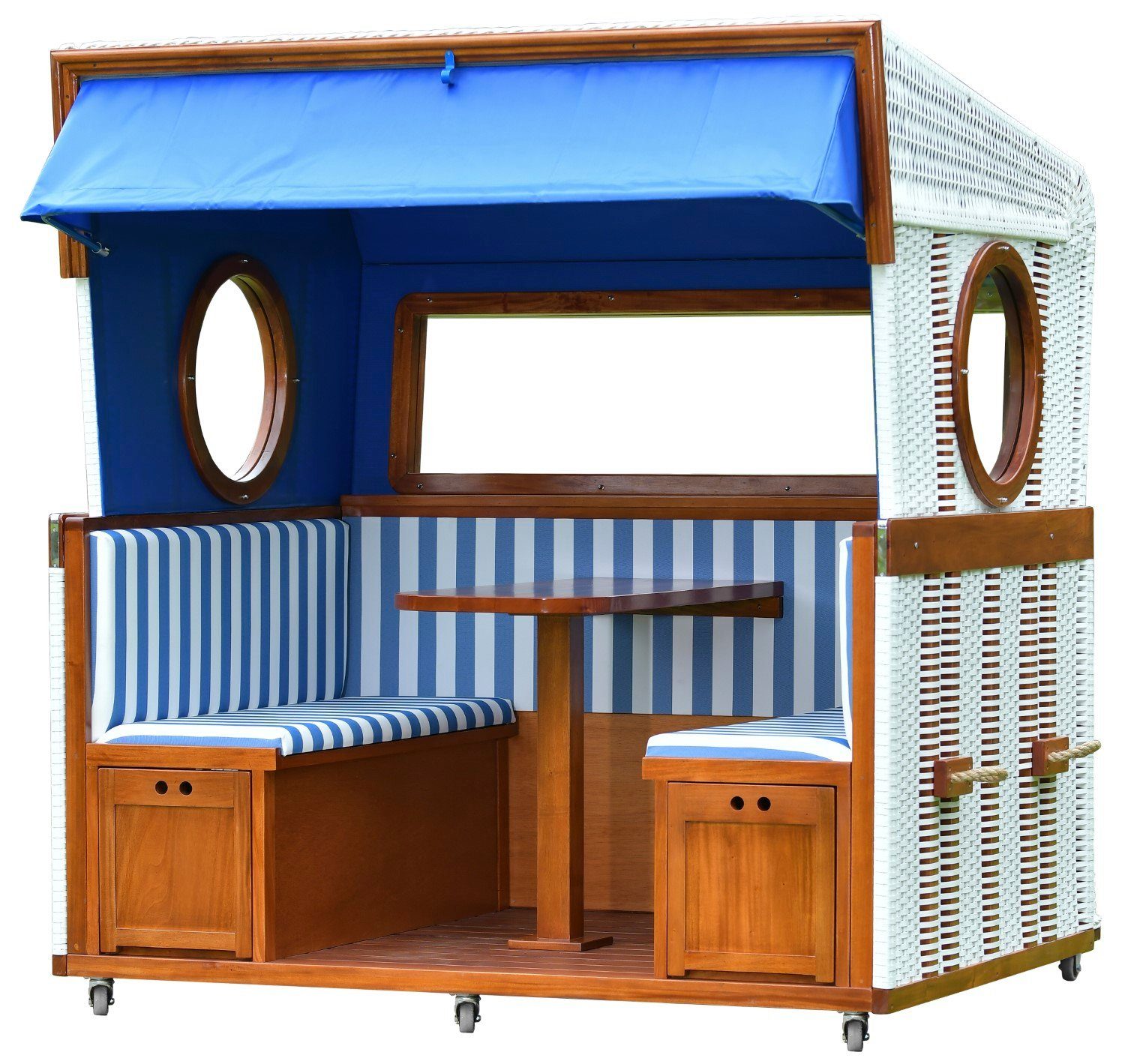 deVries Strandkorb Strandkorb 6-Sitzer Mahagoni - PE weiß - Modell blau/weiß, BxTxH: 200x158x207 ...