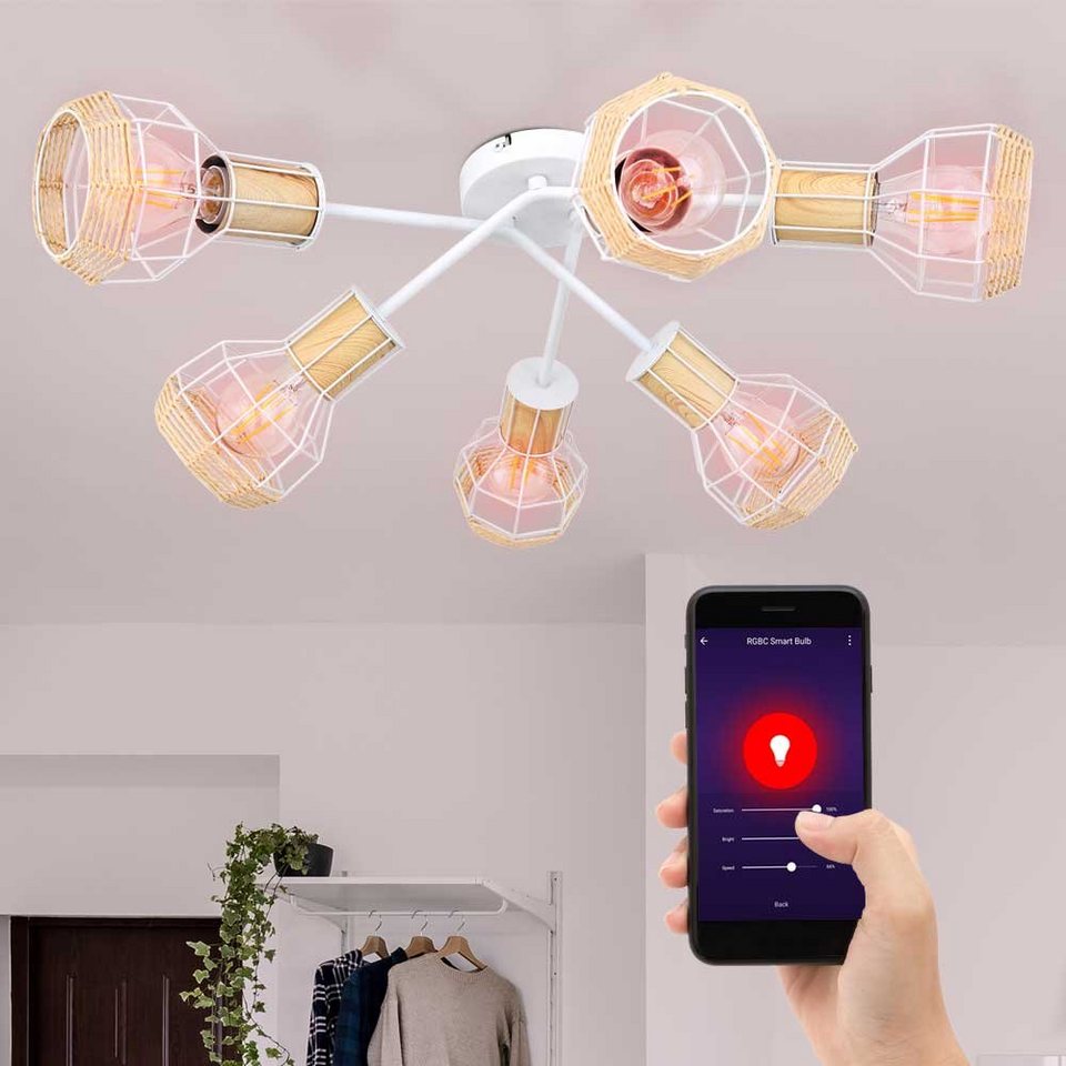 Etc Shop Smarte Led Leuchte Smart Rgb Led Käfig Decken Lampe Weiß Holz