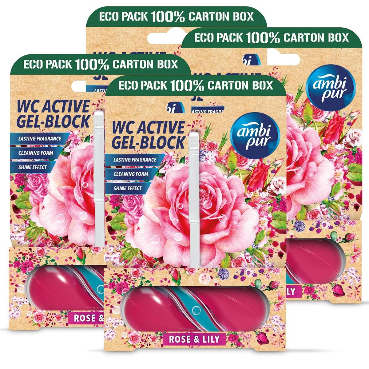 ambi pur WC-Duftspüler Ambi Pur WC Active Gel-Block 45g Rose & Lily - WC Duft (4er Pack)