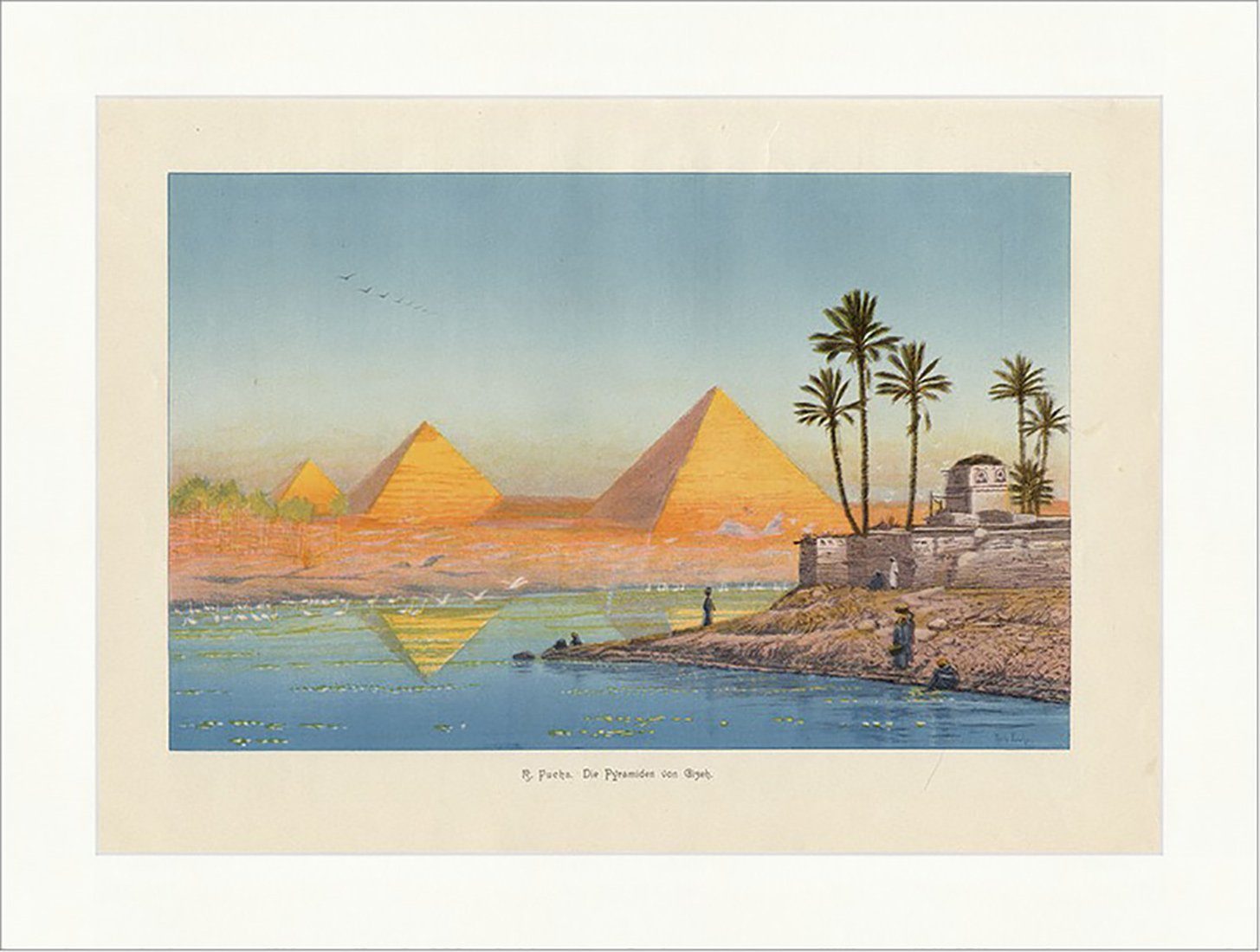 Kunstdruck Die Pyramiden von Gizeh R. Fuchs Ägypten Nil Sonne coloriert Holzstich, (1 St)