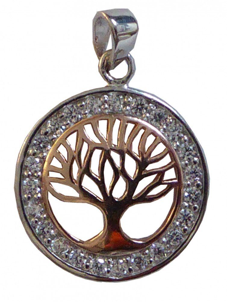 Saraswati Amulett Anhänger "Lebensbaum" mit 23 Zirkonia Silber 925 vergoldet 2cm, 2,7g.