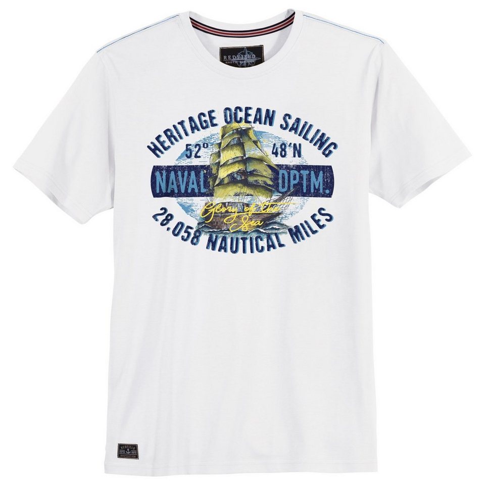 Redfield Rundhalsshirt Große Größen Herren T Shirt Weiß Print Naval