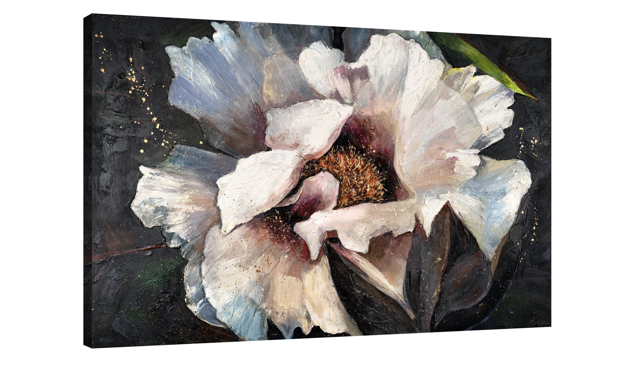 YS-Art Gemälde Pfingstrosen II, Blumen, Goldene Pfingstrose Blumen Leinwand Bild Handgemalt Schwarz