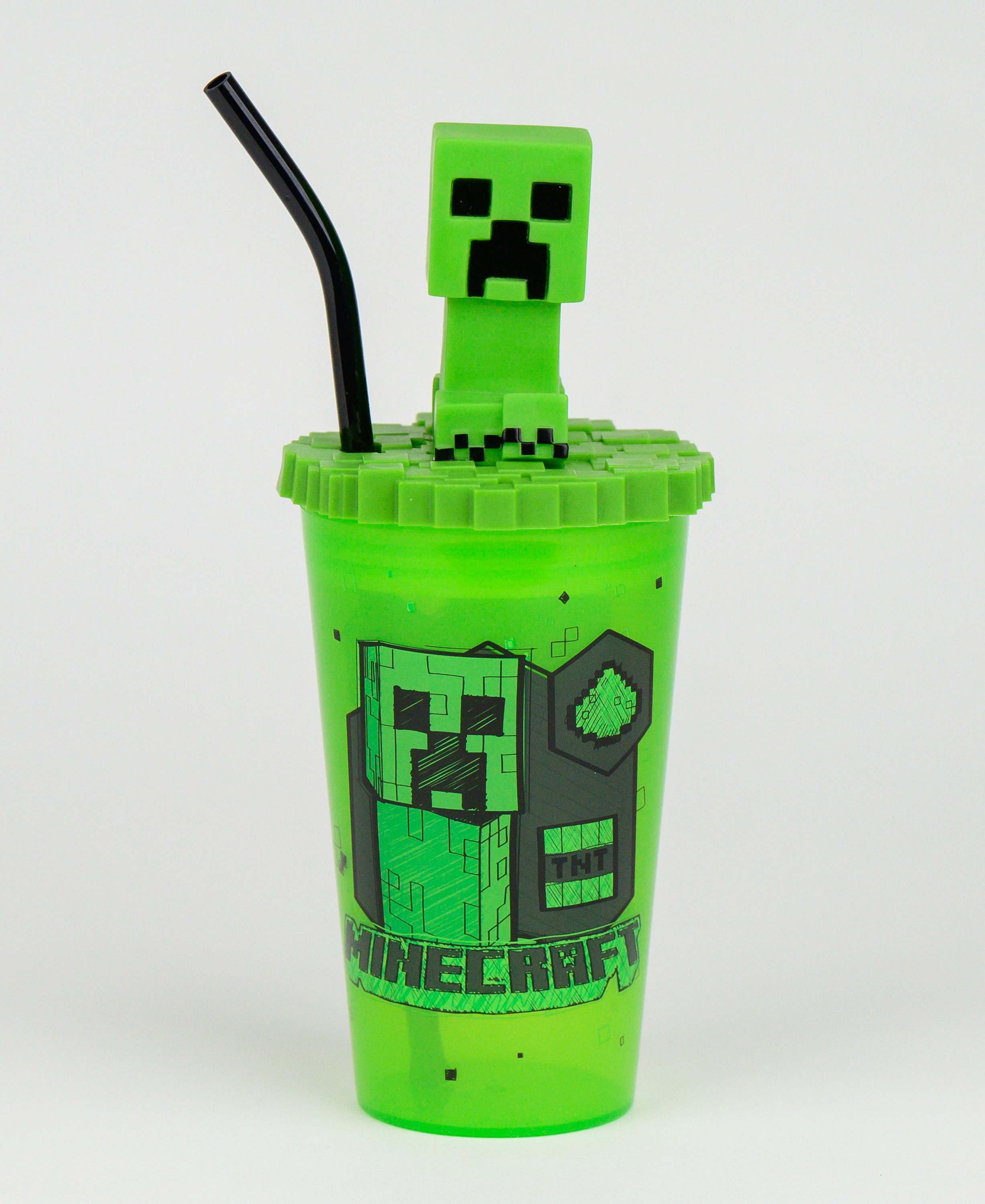 Minecraft Kinderbecher Creeper, PP, mit 3D Creeper Topper & Trinkhalm 500 ml, Kindertrinkbecher