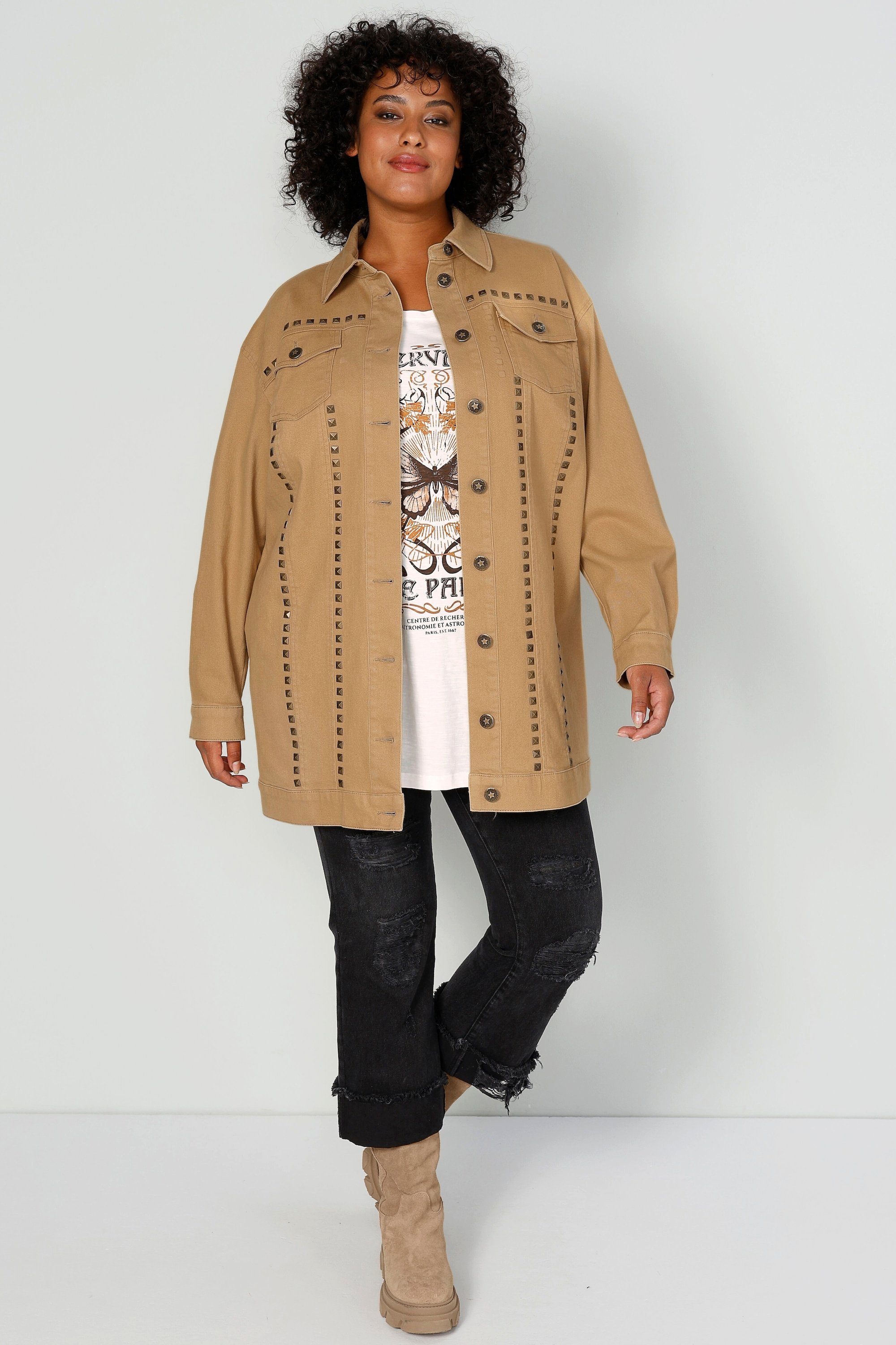 Angel Of Style Blusenblazer Longjacke Oversized Ziernieten Rücken Stickerei