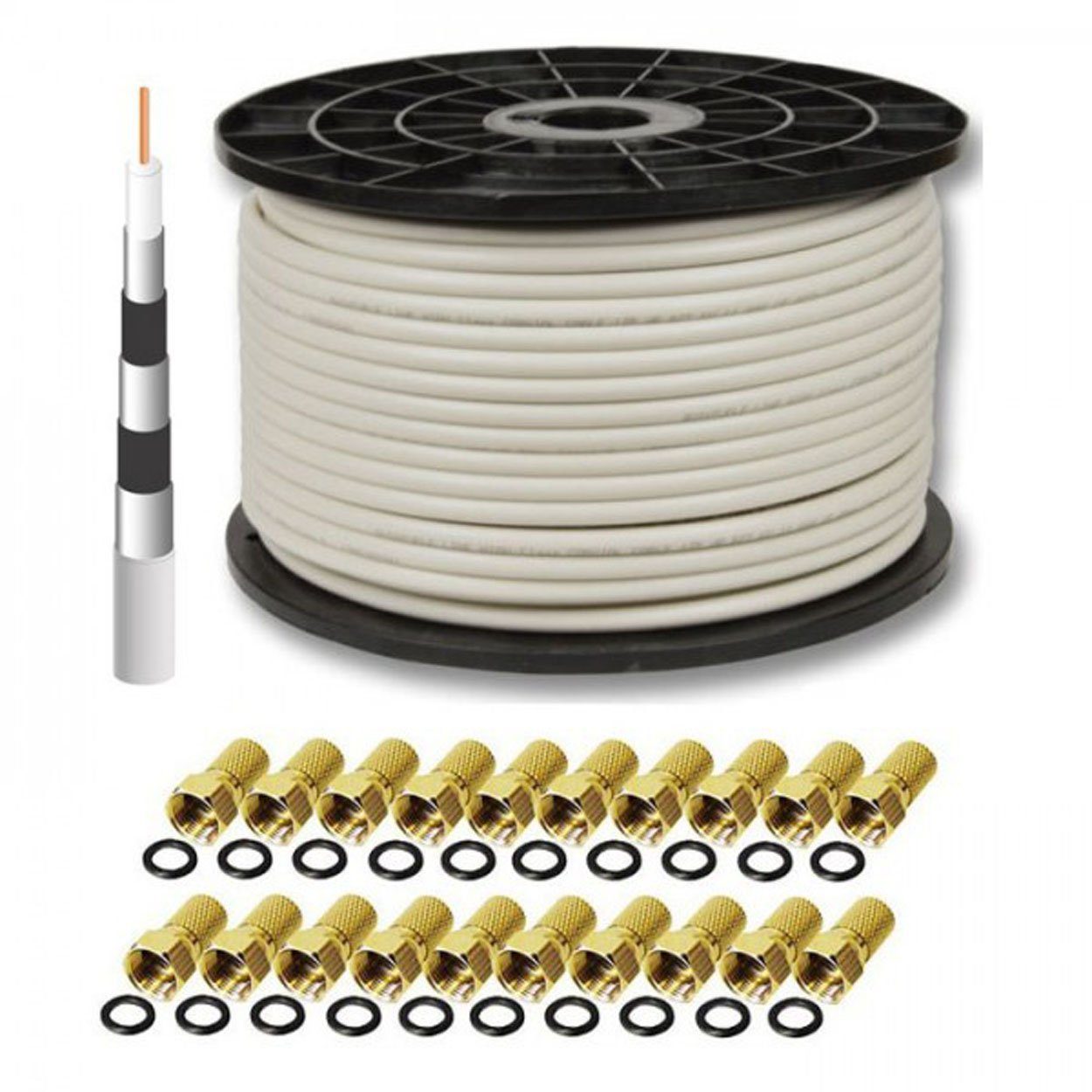 PremiumX 100m DELUXE PRO Koaxial Kabel 135 dB 5-Fach reines Kupfer 20 F-Stecker SAT-Kabel