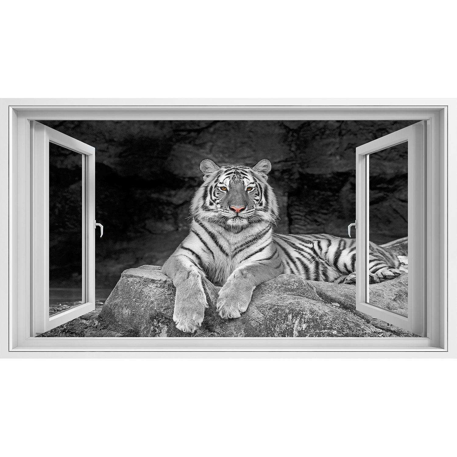 islandburner Leinwandbild Fensterblick Weißer Tiger Sagenhafter Effekt Wandbild Leinwandbild 100