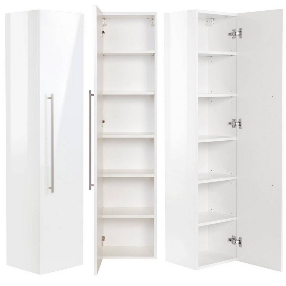 Lomadox Hochschrank Newland 02 Badmöbel Weiß Hochglanz 6 Fächer B X