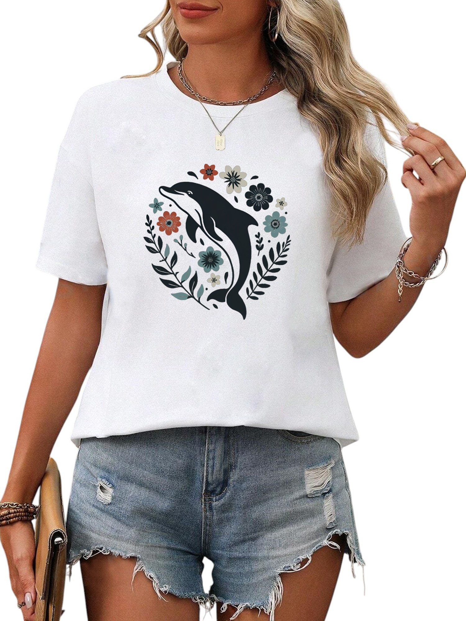 Pyl Kurzarmbluse Damen Sommer Kurzarmbluse Locker Delphin Print Shirt