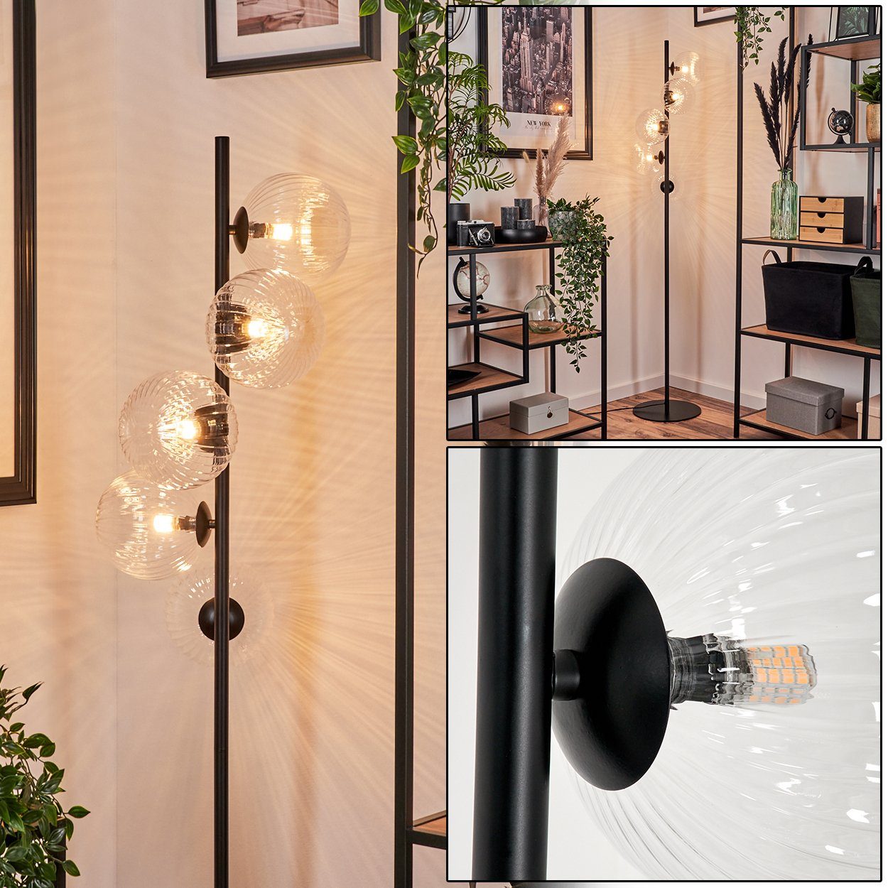 Hofstein Stehlampe Stehlampe Aus Metallriffelglas In Schwarzklar