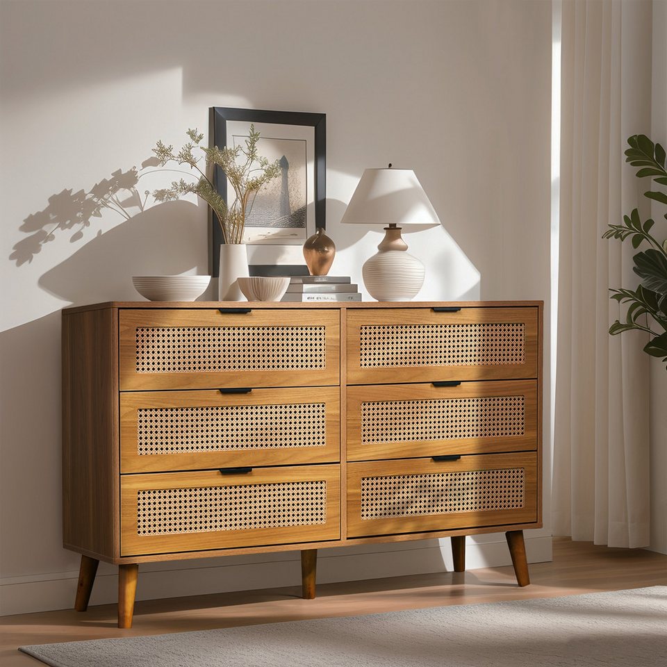 Merax Kommode Mit 6 Schubladen Schubkastenkommode Sideboard Rattan