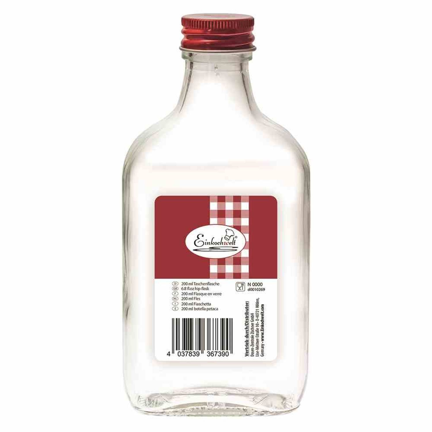 Einkochwelt Vorratsdose Taschenflasche weiß 200 ml mit roter Verschraubung 28 mm, Glas