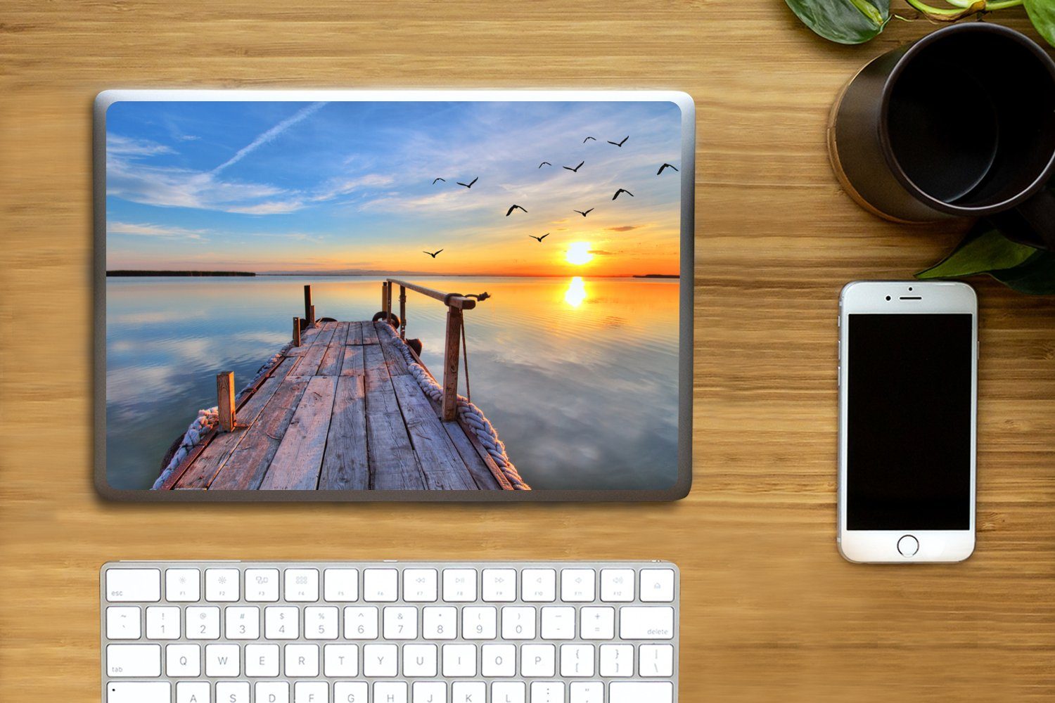 MuchoWow Laptop-Aufkleber Wasser - Steg - Vögel - Sonnenuntergang ...