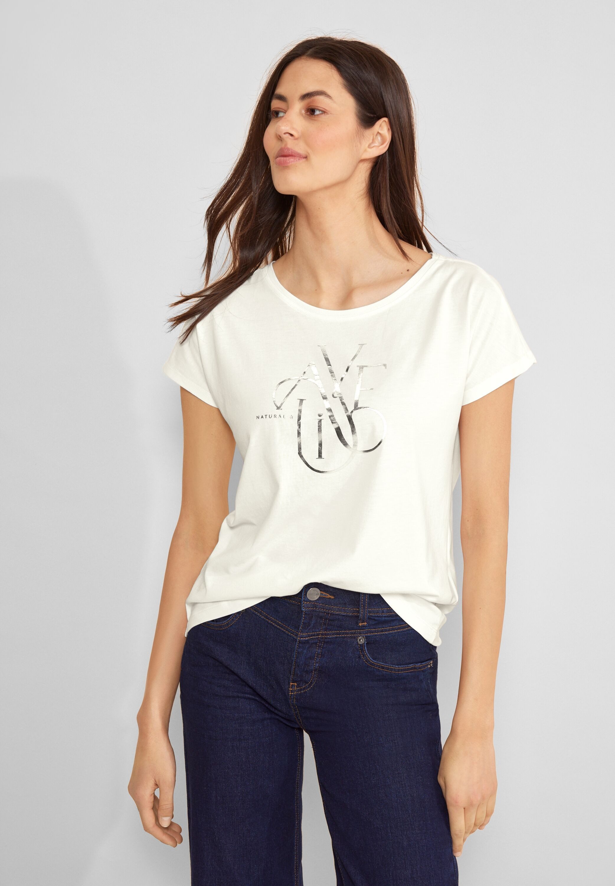 Street One Shirttop Mit Schimmerndem Schriftzug Angeschnittene Ärmel