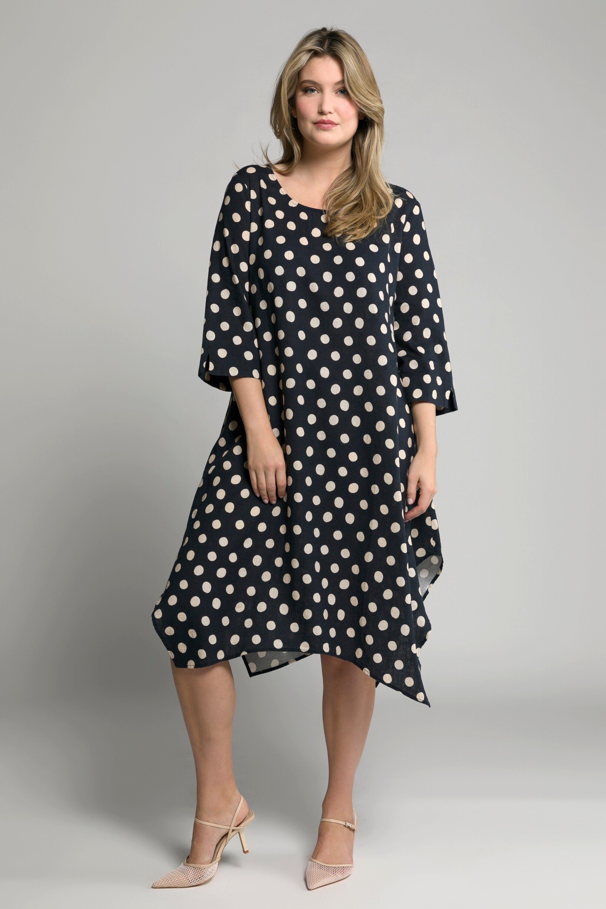 Ulla Popken Jerseykleid Kleid Leinenmix Punkte Rundhals 3/4-Arm