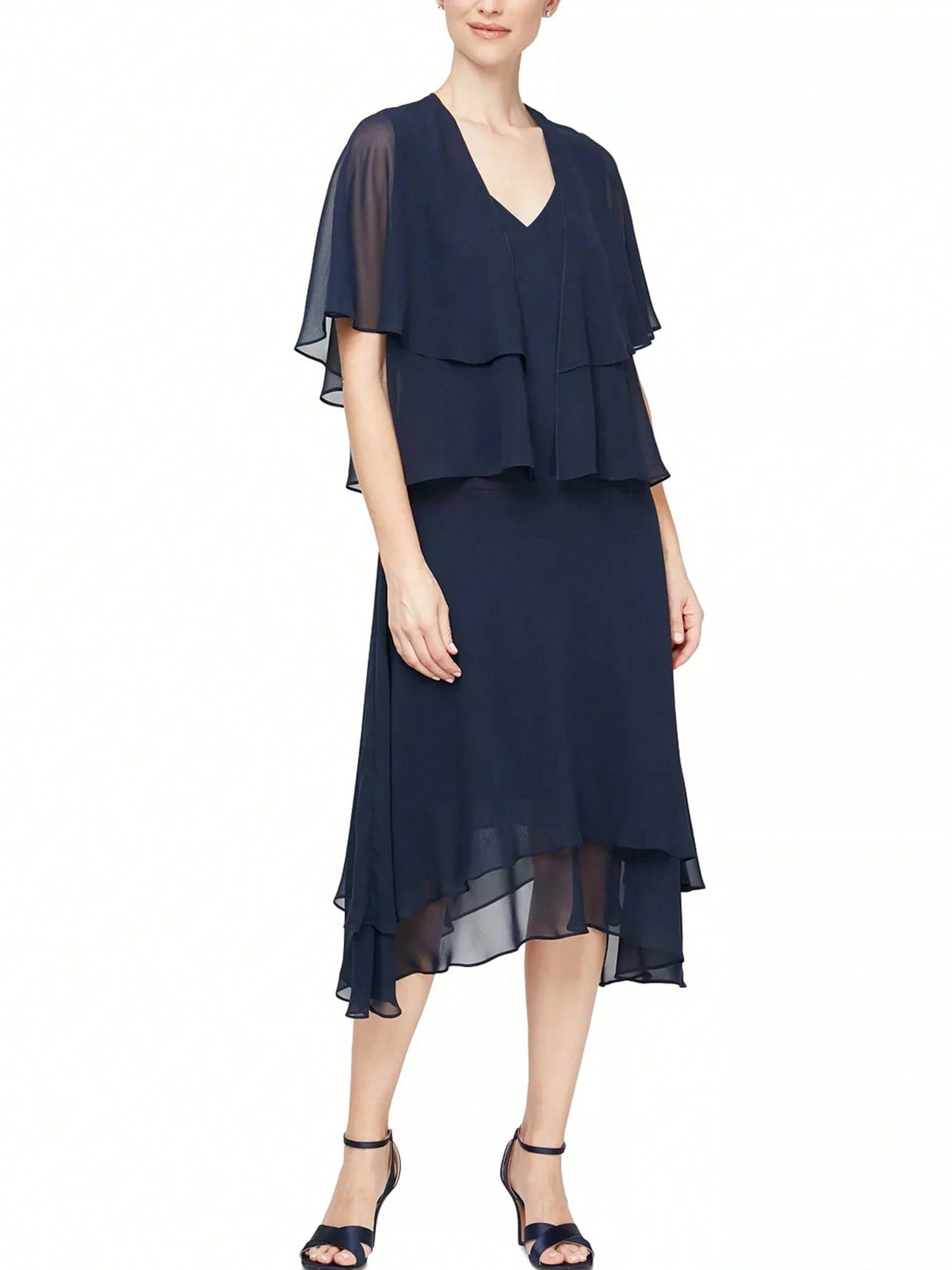 PYL Cocktailkleid Damen Elegant 2-in-1-Kleid mit Mantel, Midi Chiffon Abendkleid 36-44 Größe