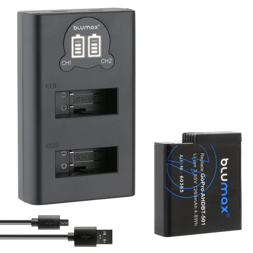 Blumax Akku + Lader für AHDBT-501 GoPro 5 /6 /7 1260 mAh Kamera-Ladegerät Blumax Akku + Lader für AHDBT-501 GoPro 5 /6 /7 1260 mAh Kamera-Ladegerät