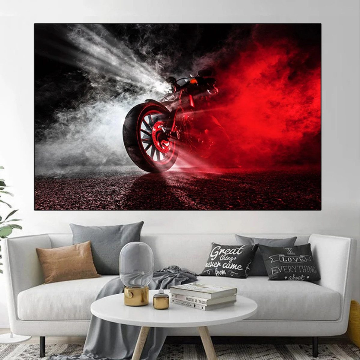 TPFLiving Kunstdruck (OHNE RAHMEN) Poster - Leinwand - Wandbild, Landschaft Motorradfahrer Nebel ...