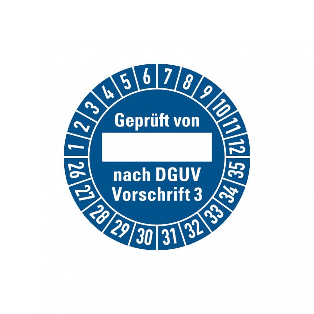 König Werbeanlagen Hinweisschild Prüfplak., gepr. von __nach DGUV Vorschr. 3, blau/weiß, Ø30mm ...
