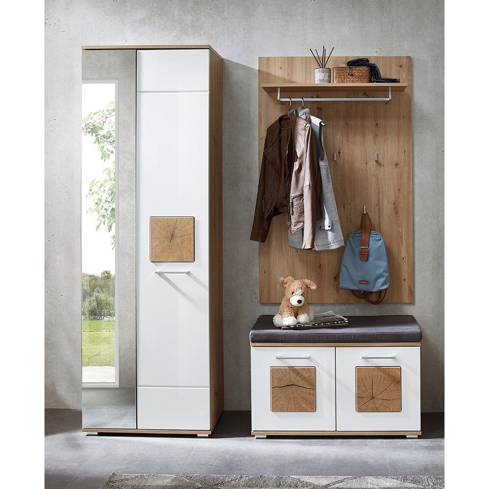 Lomadox Garderoben-Set FARGO-36, (Spar-Set, 3-St), Eiche und weiß Hochglanz mit Hirnholz ...