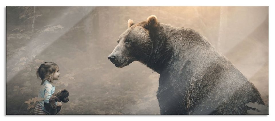 Pixxprint Glasbild Mädchen Mit Teddy Und Bär Im Wald Mädchen Mit Teddy