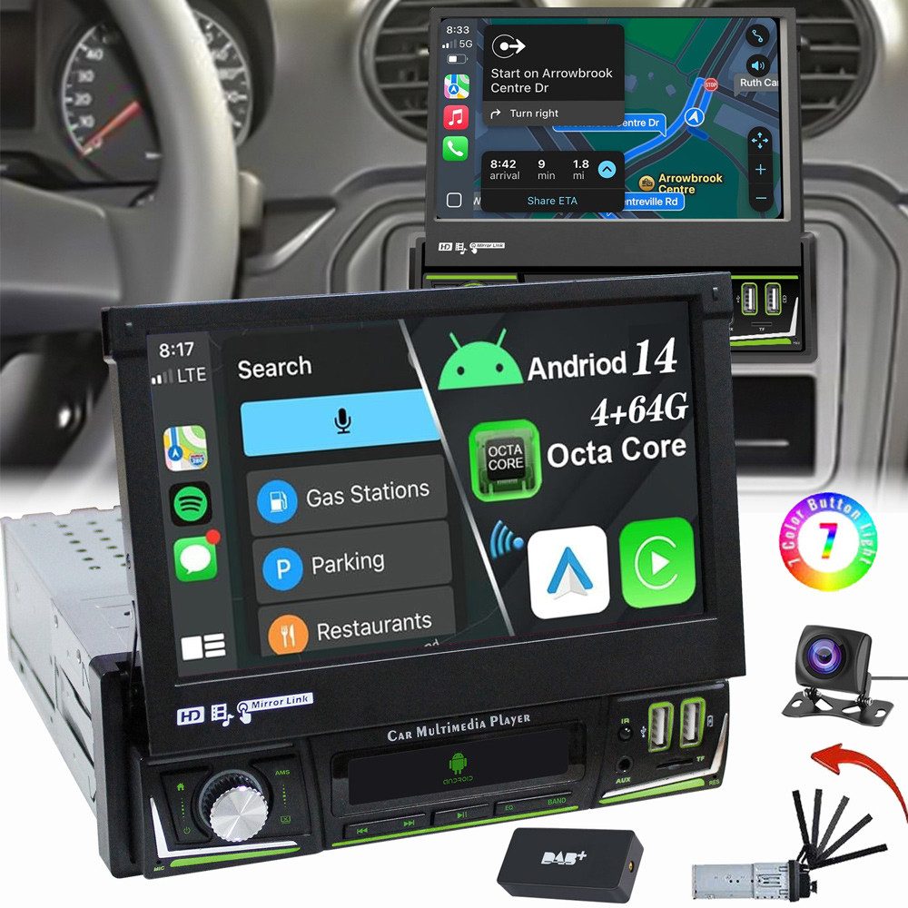 ESSGOO 4+64G 1 DIN 7 Zoll Flip Out Autoradio Android Auto Android 14 Carplay Autoradio ...
