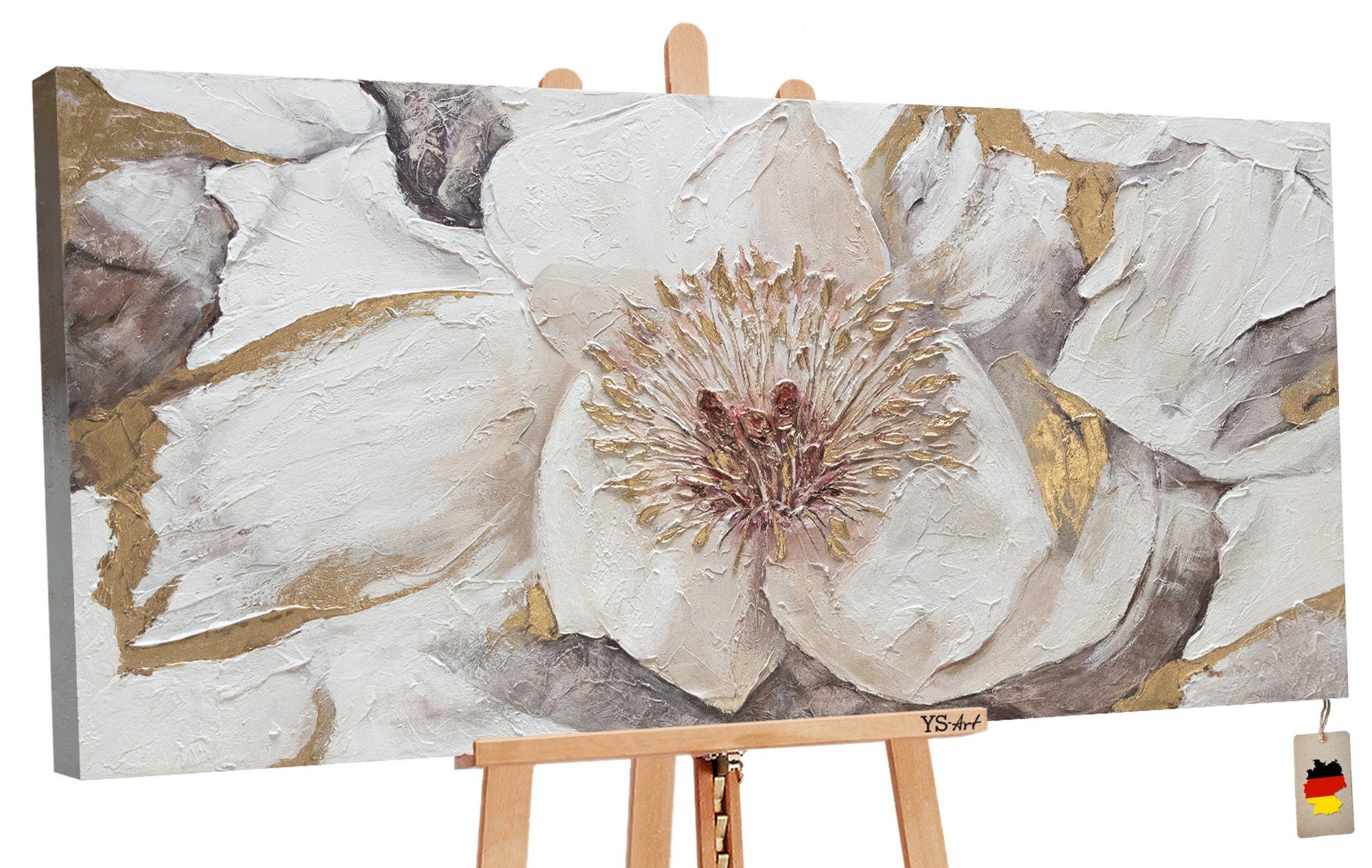 YS-Art Gemälde »Malve«, Blumen, Gold Weiß Blume Leinwand Bild Handgemalt