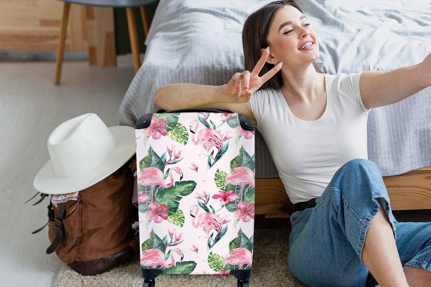 Muchowow Handgepäckkoffer Trolley Extra Leicht Muster Flamingo