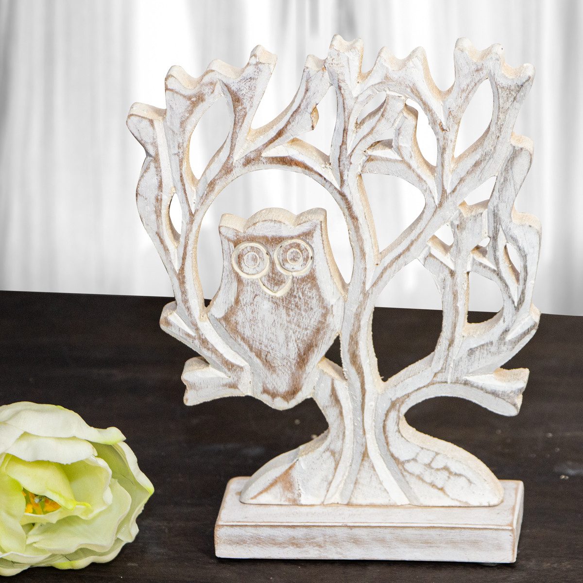 Antikas Dekofigur Skulptur, Baum mit Eule, weiß, groß
