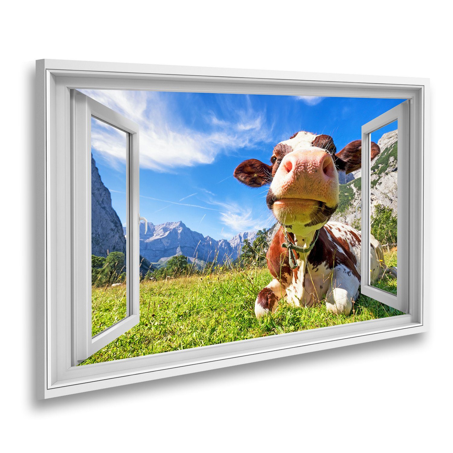 islandburner Leinwandbild Fensterblick Kühe im Karwendelgebirge in Österreich Sagenhafter Effekt