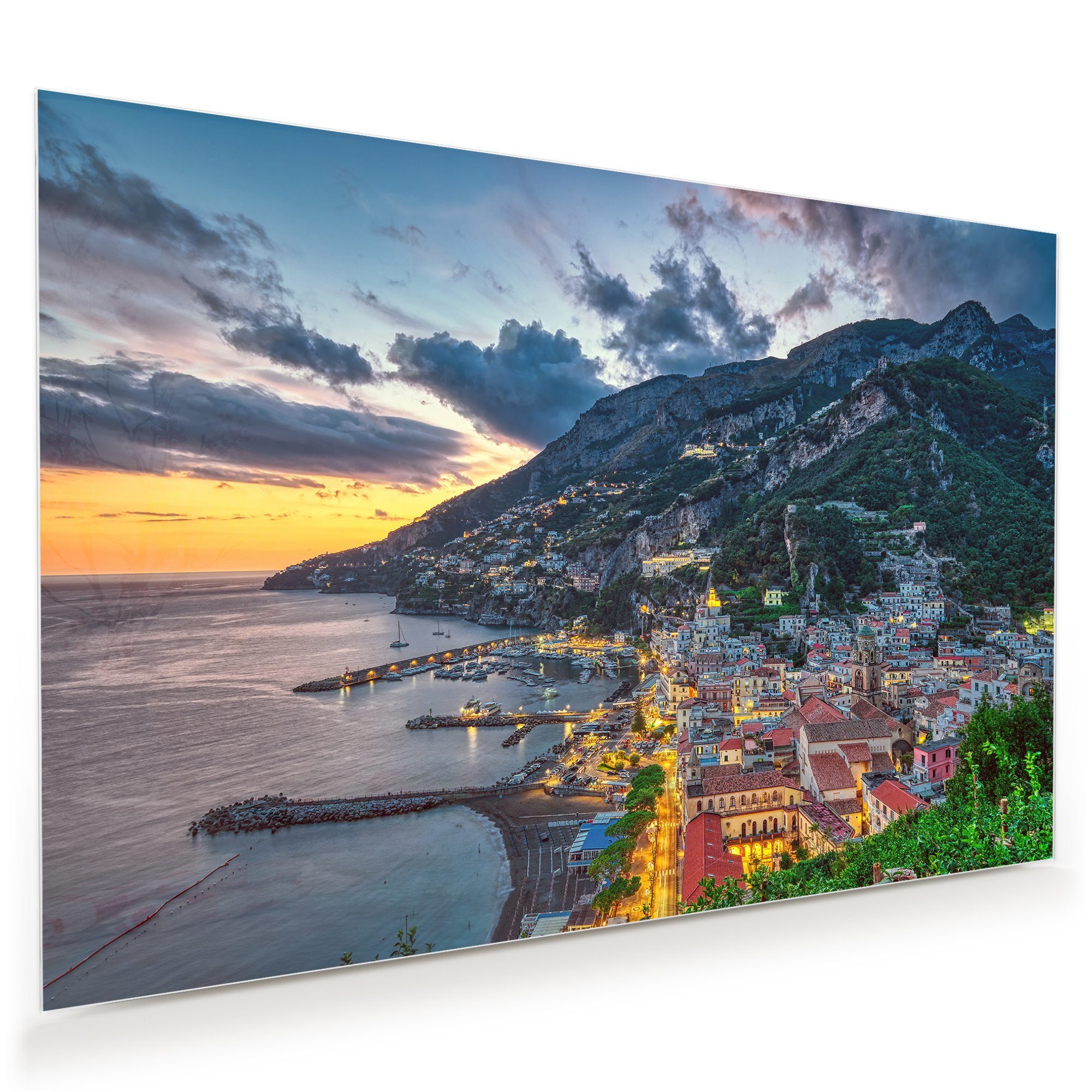 Primedeco Glasbild Wandbild Amalfi Sunset Mittelmeerküste Mit
