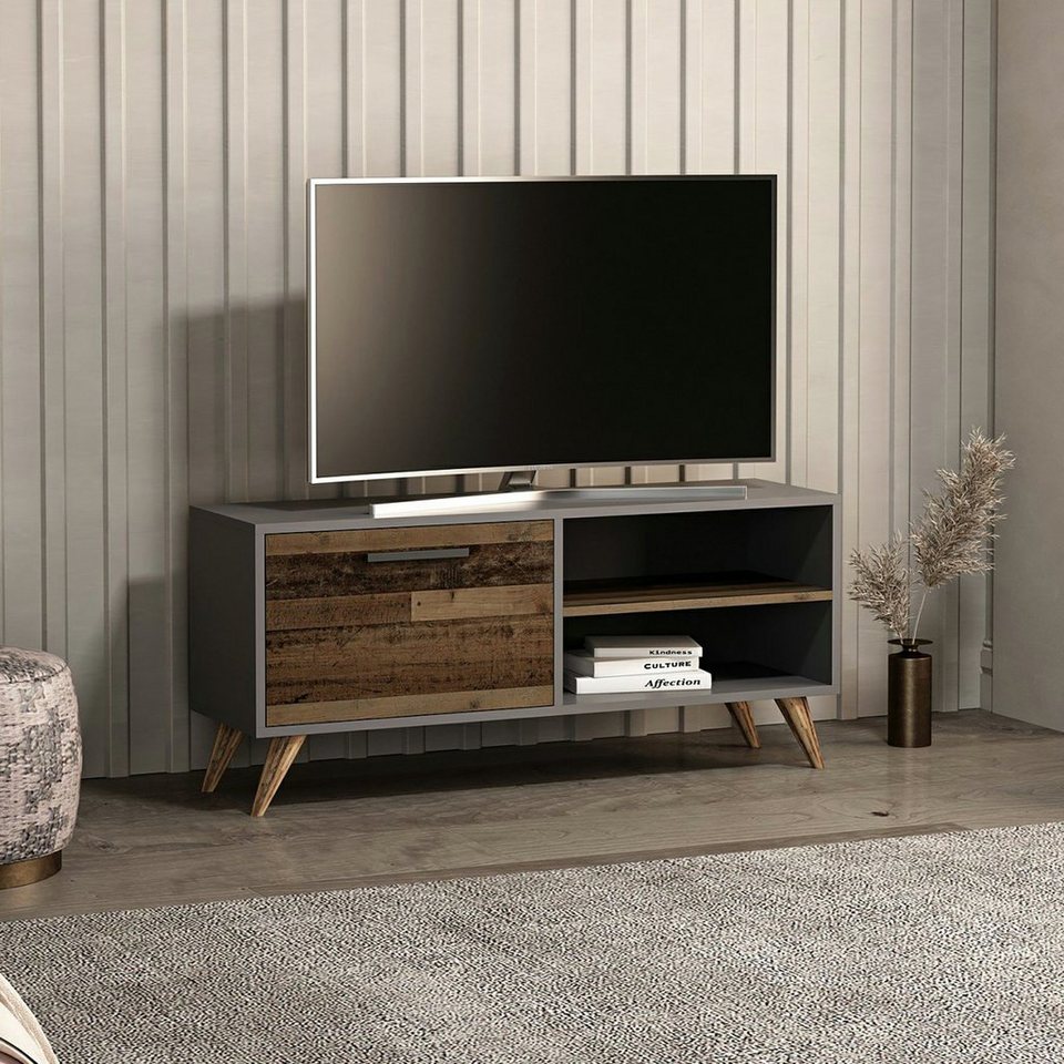 Encasa Tv Schrank Helle Fernsehtisch Mit 2 Offenen Fächern Und Einem